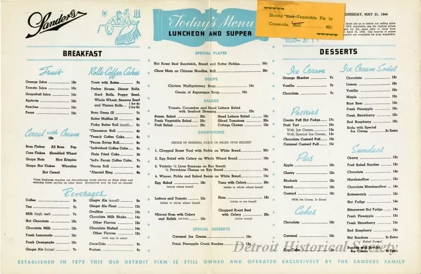 Menu - The Sanders Menu, Vol. 1, No. 4 | Detroit Historical Society